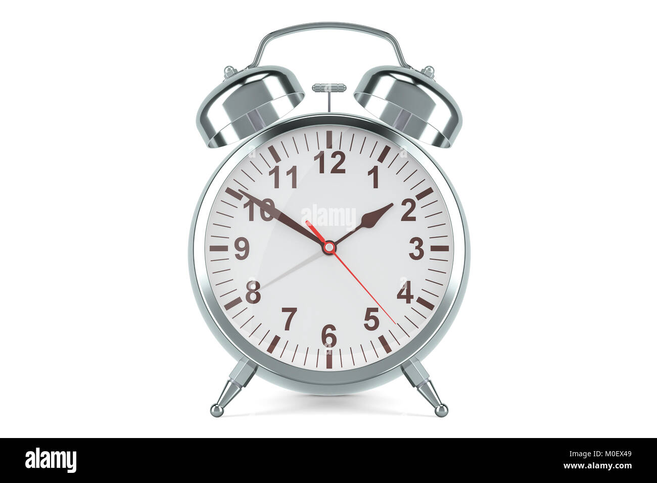 Steel alarm clock front view, closeup. 3D rendering isolated on white ...