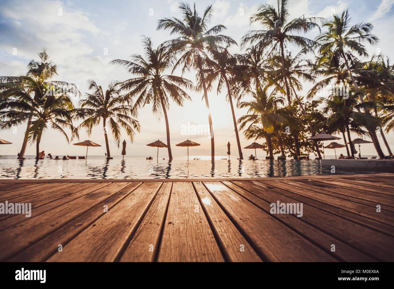 wooden desk foreground to place objects ot products, beautiful sunset ...