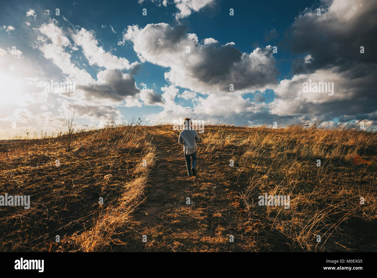 Boy running through a field Stock Photo - Alamy