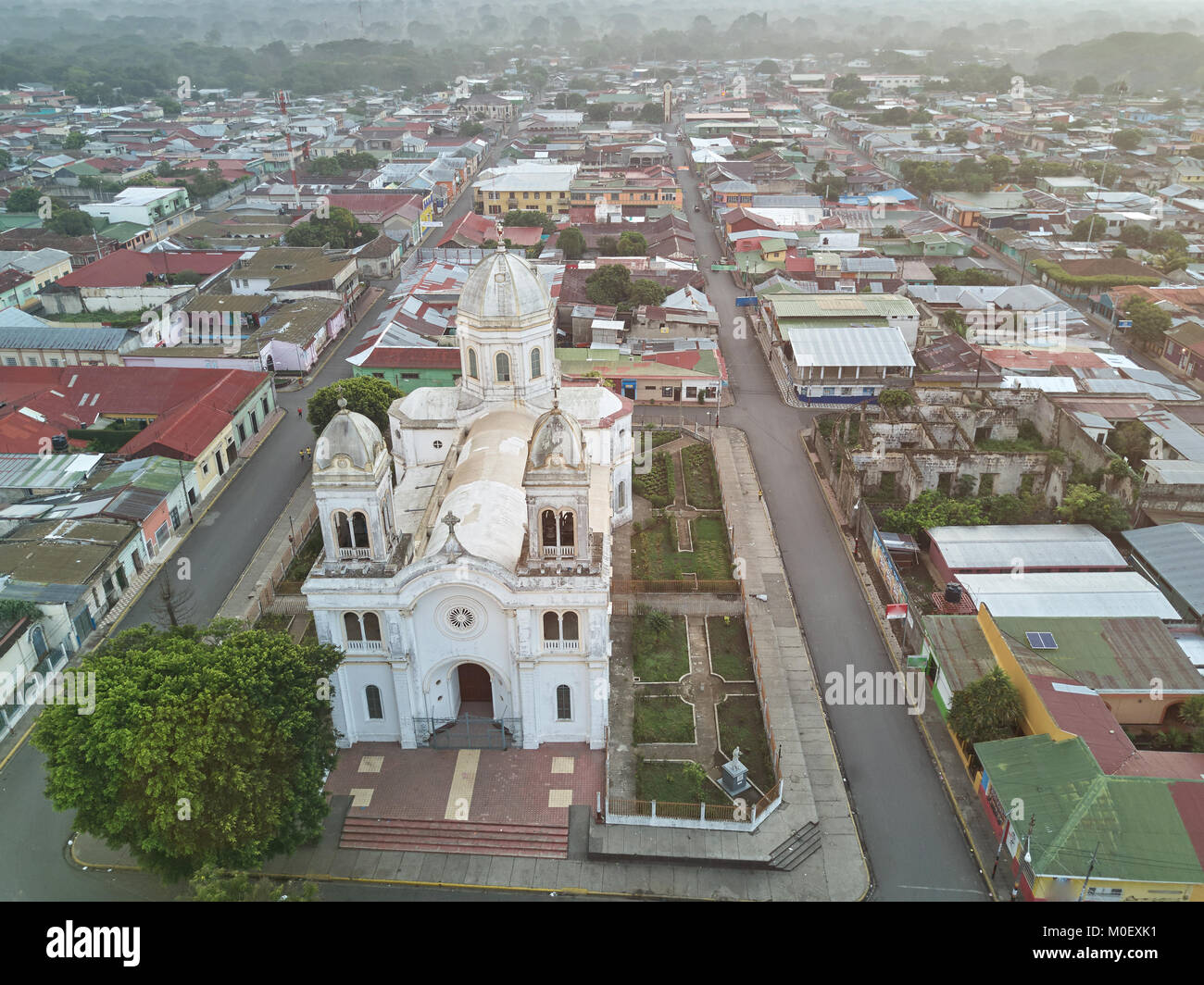Center of Diriamba town drone view. Aerial view on small town in ...