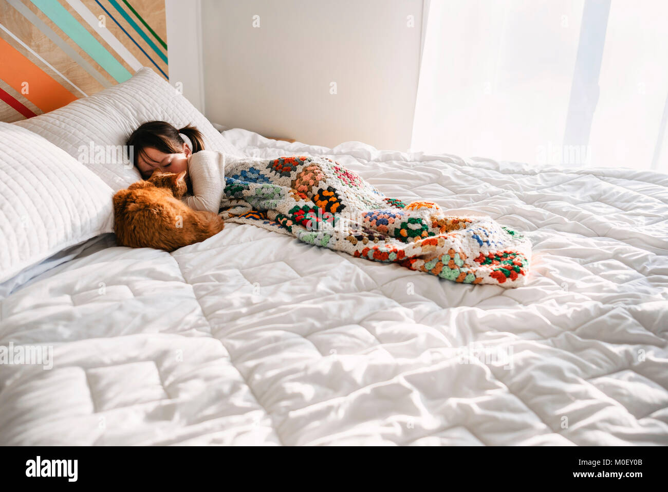 Girl having a nap on a bed with her cat Stock Photo - Alamy
