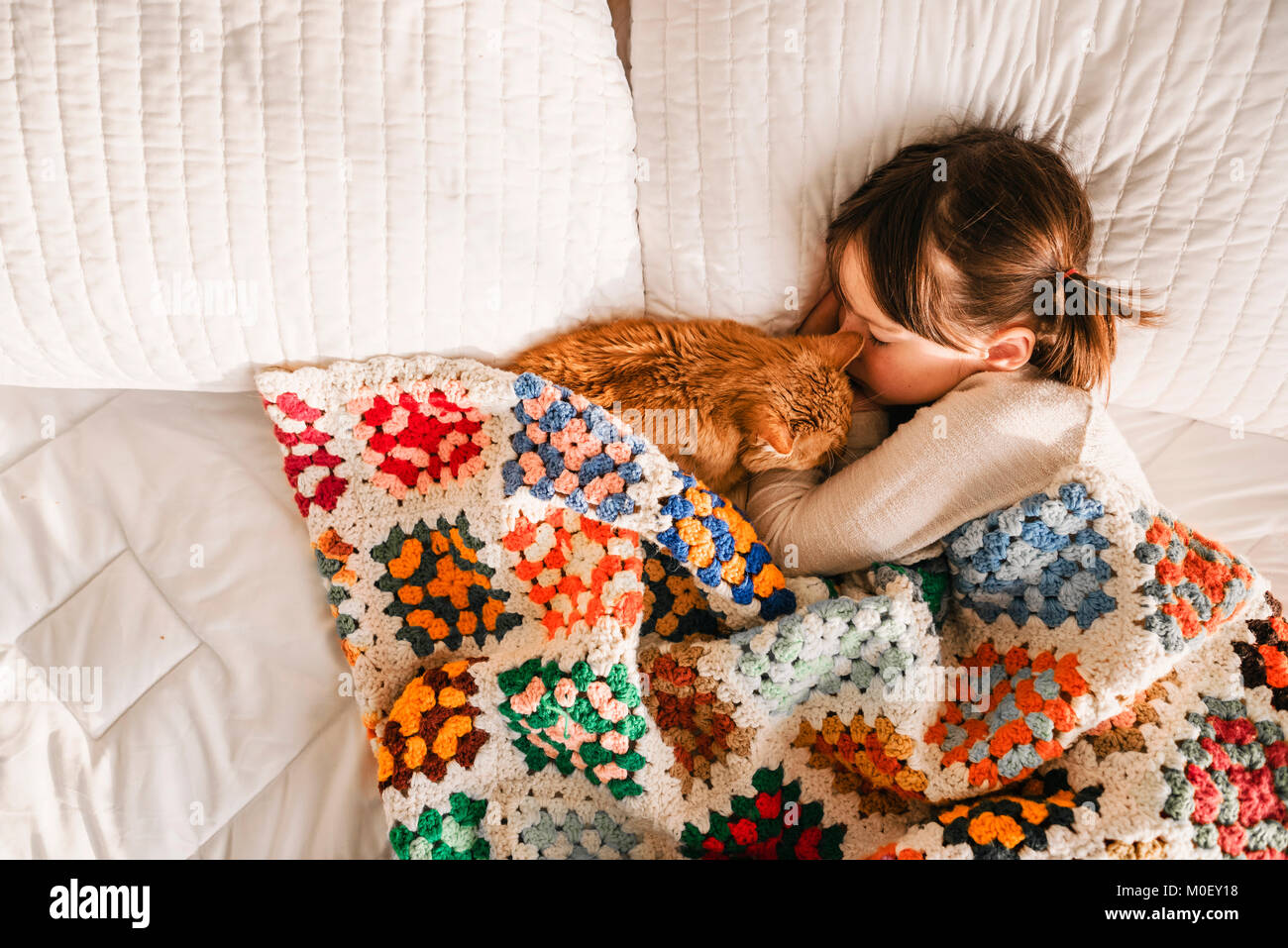Girl having a nap on a bed with her cat Stock Photo - Alamy