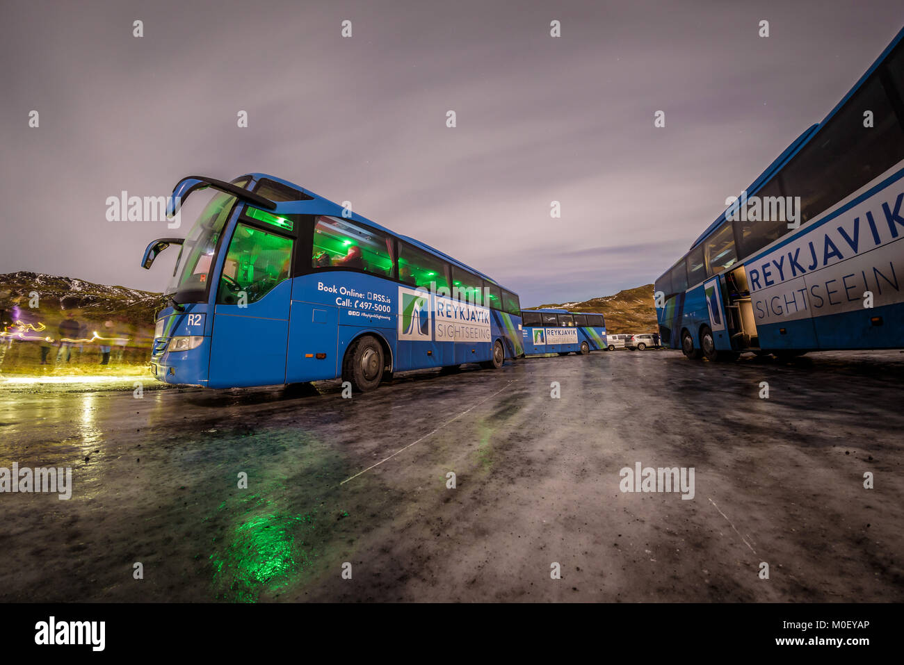 Reykjavik, Iceland. December 2017. Sightseeing tour buses parking on a ...