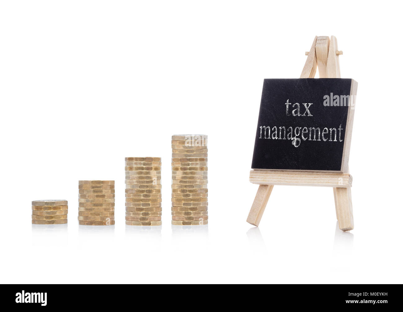 Tax management plan concept text on chalkboard with coins on white ...