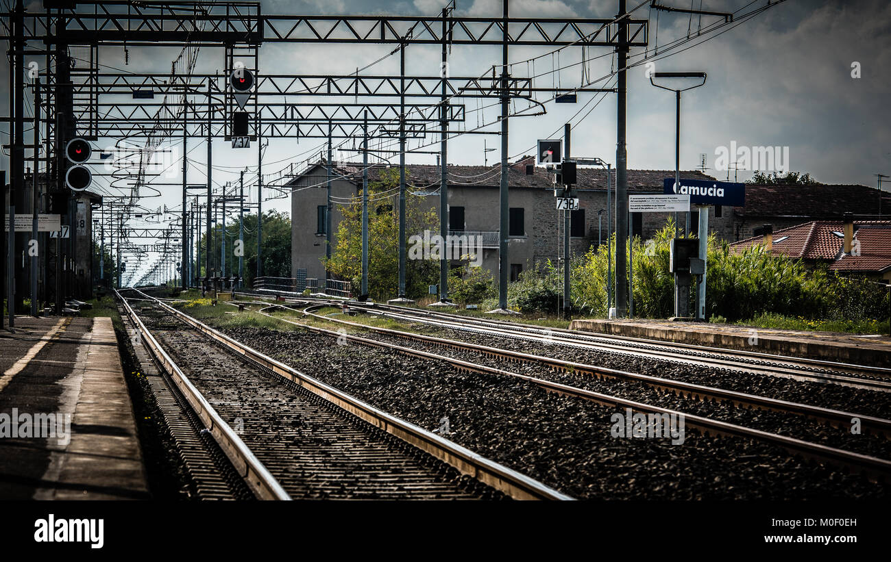Rail tracks disappear into the vanishing point at Cortona Railway ...