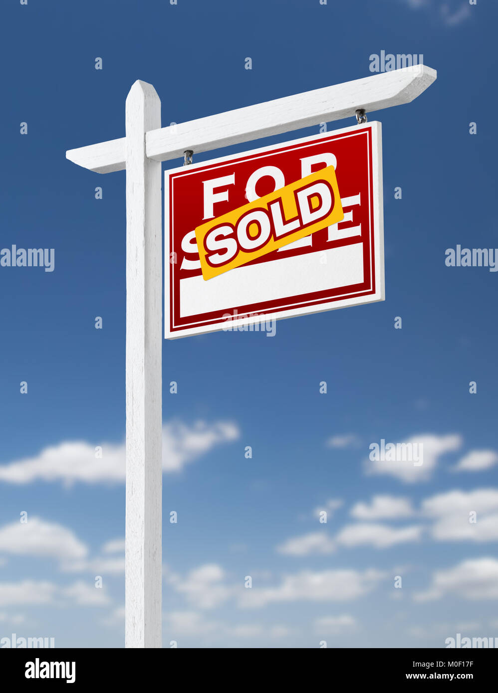 Right Facing Sold For Sale Real Estate Sign on a Blue Sky with Clouds ...