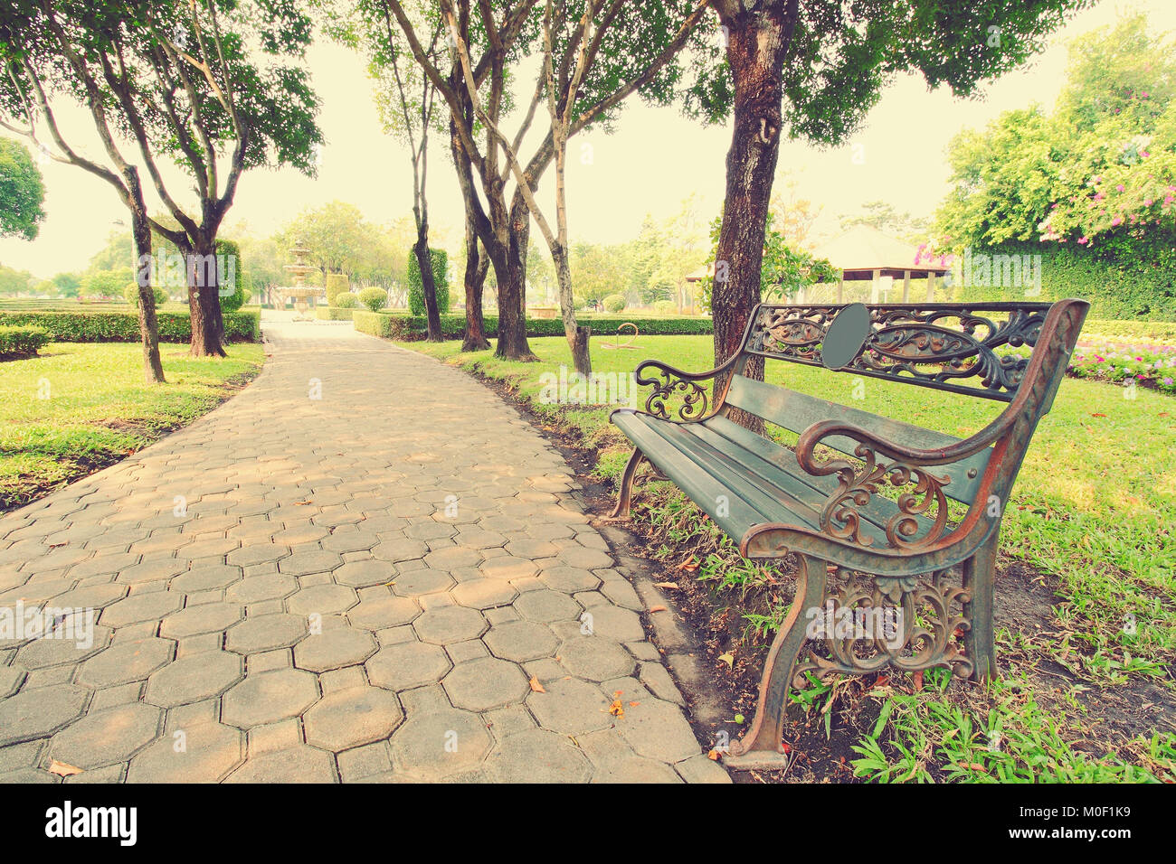 Bench under the tree in the Gardens, vintage style Stock Photo - Alamy