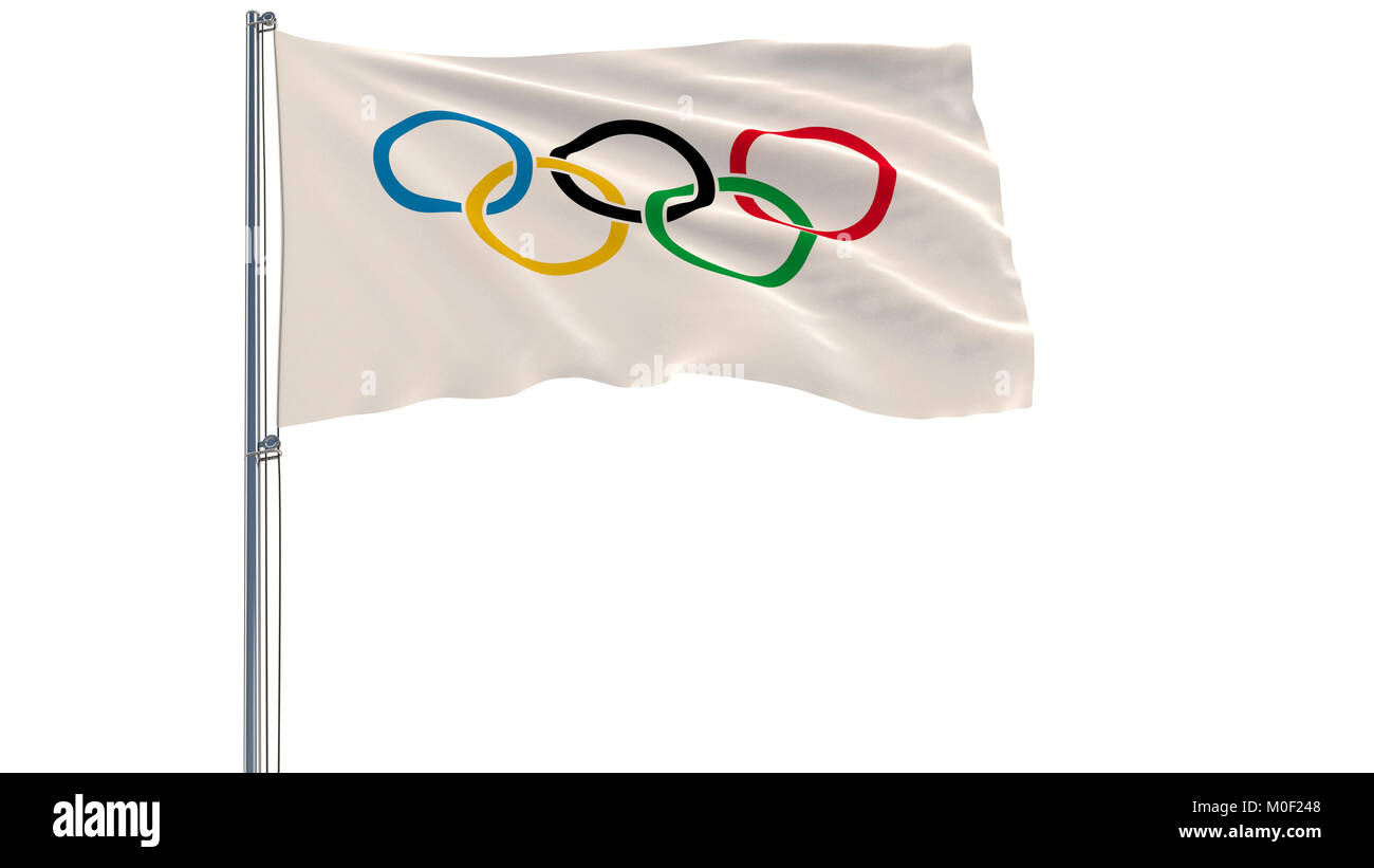 3D illustration of Olympic Games flag on a flagpole fluttering in the ...