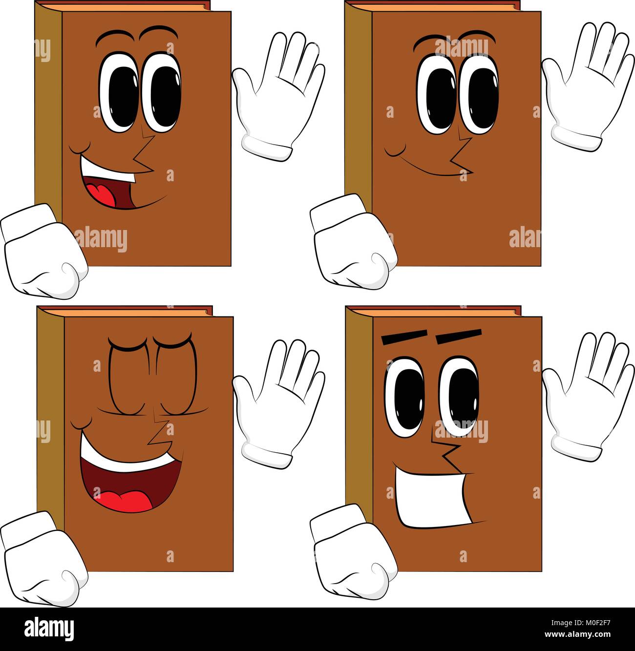 Books with waving hand. Cartoon book collection with happy faces ...