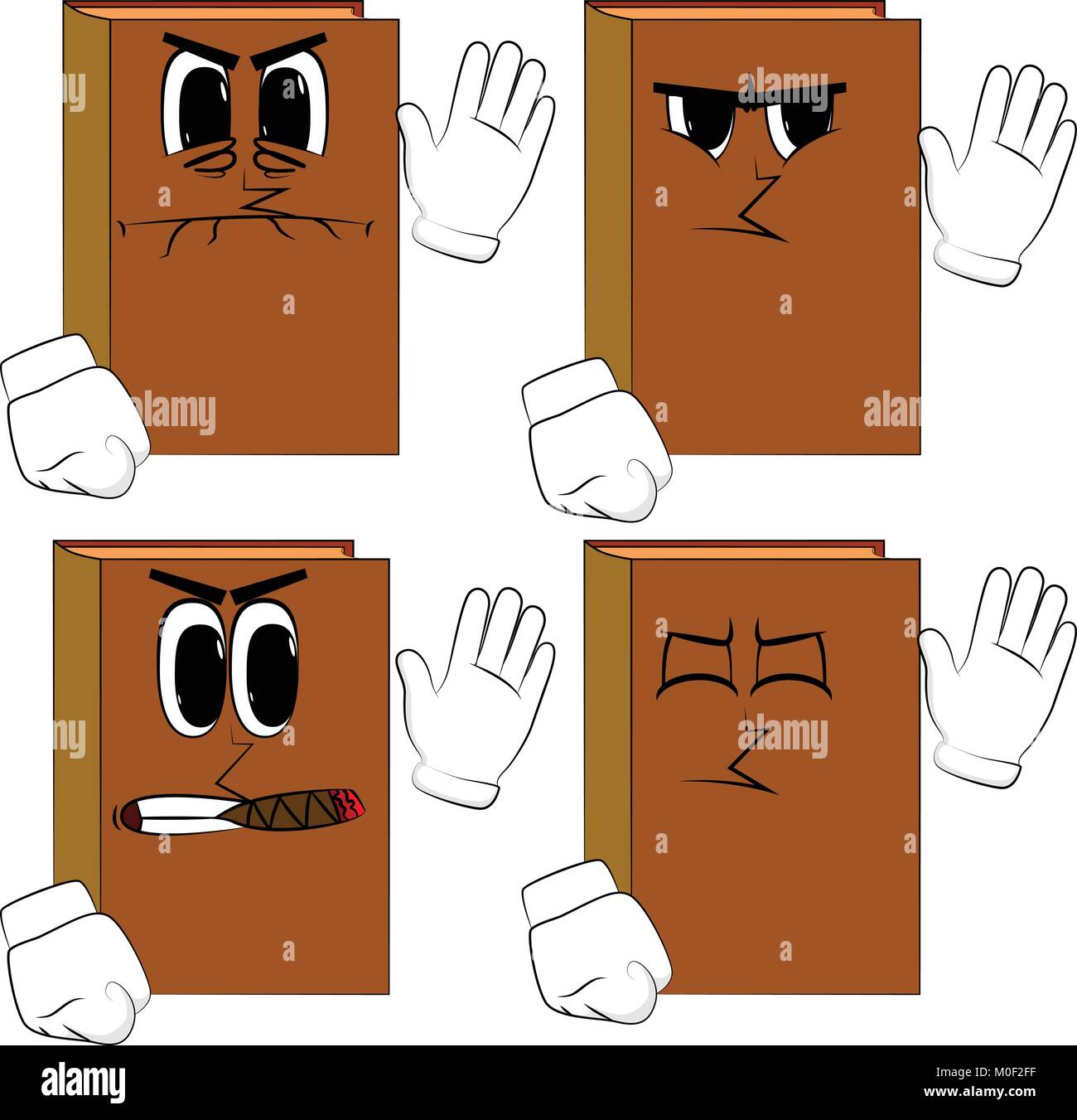 Books with waving hand. Cartoon book collection with angry faces ...