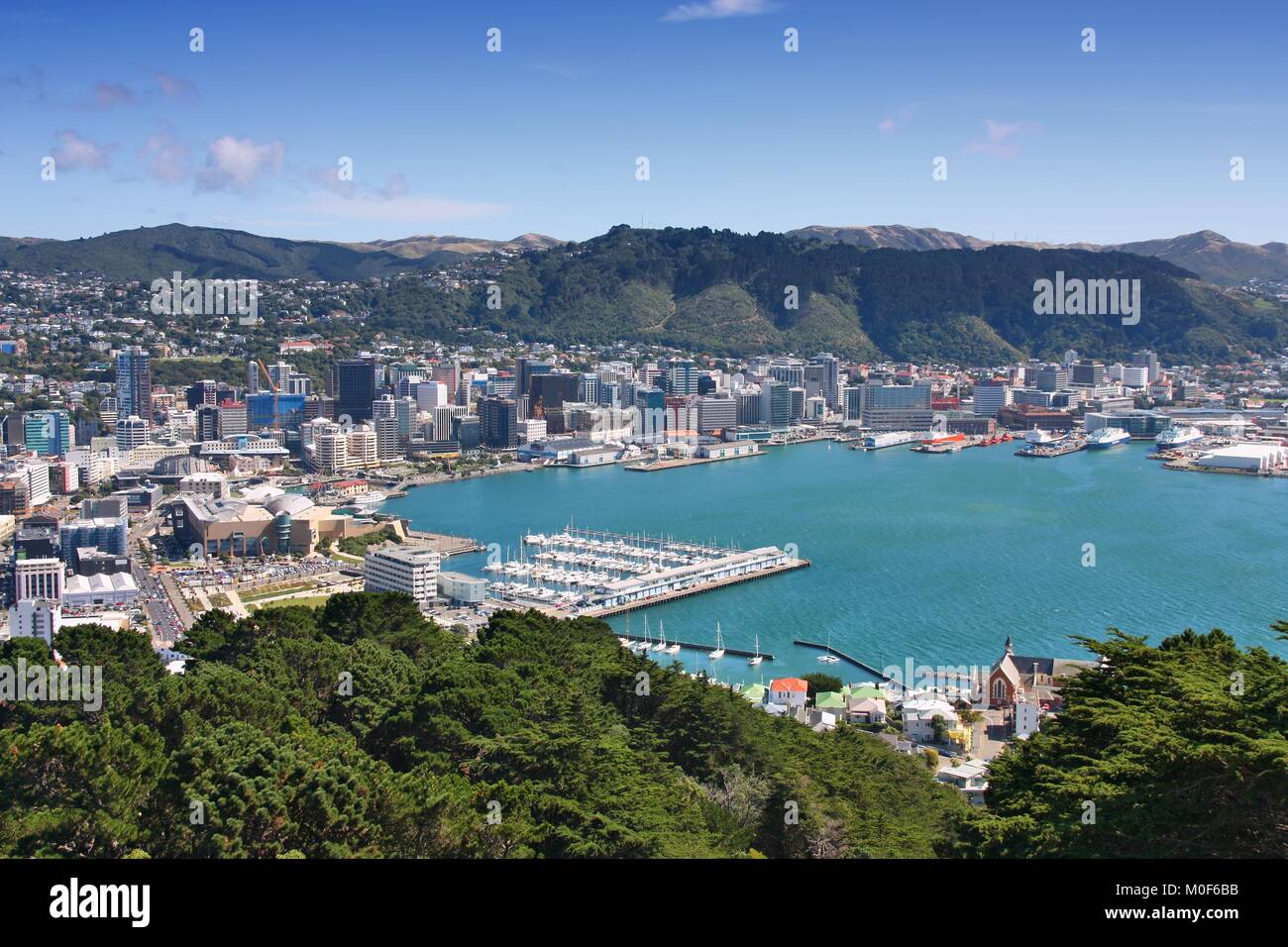 Wellington, New Zealand - city aerial view of marina and downtown ...