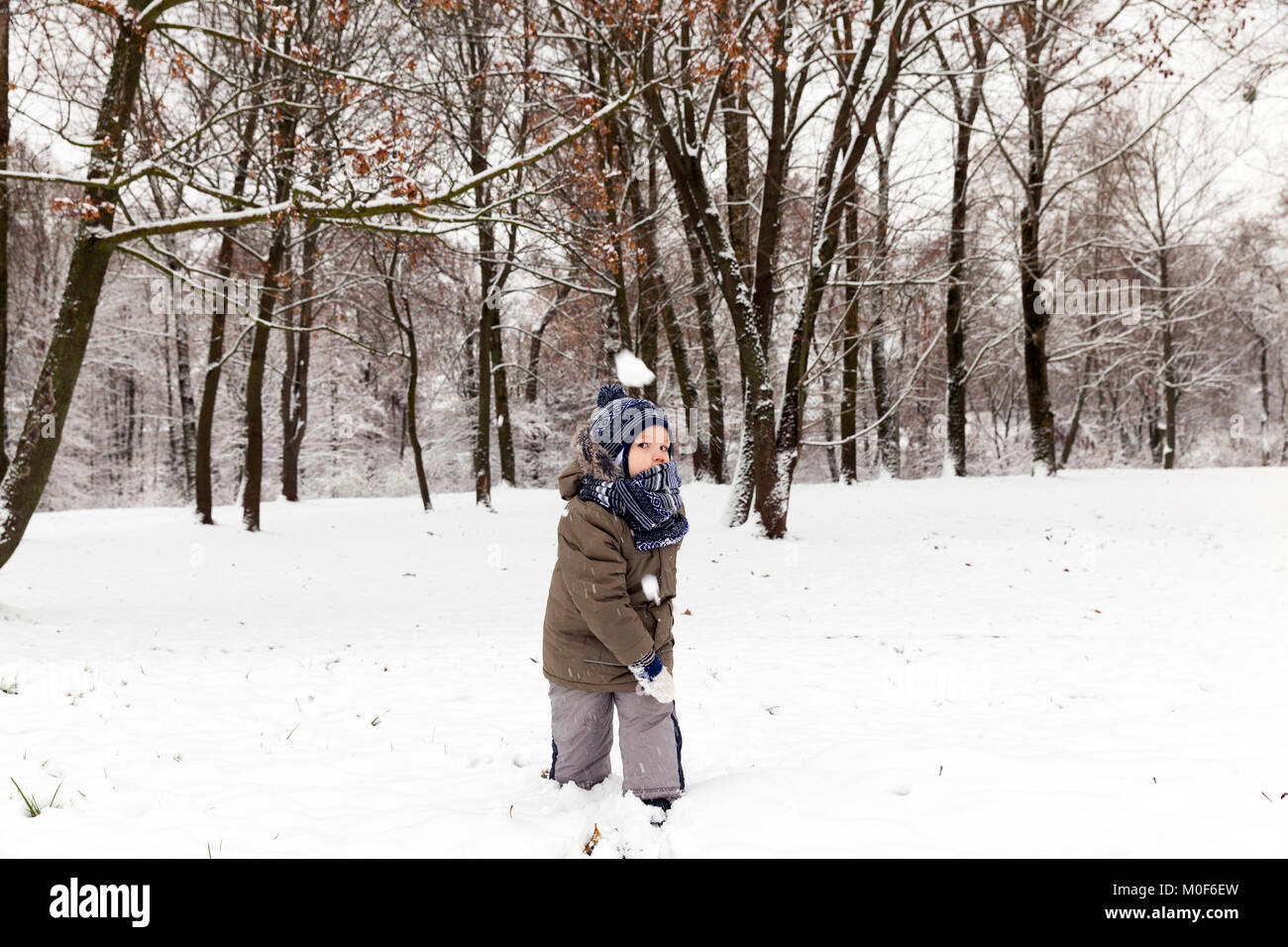 little boy three years playing snowballs in the park in the winter ...