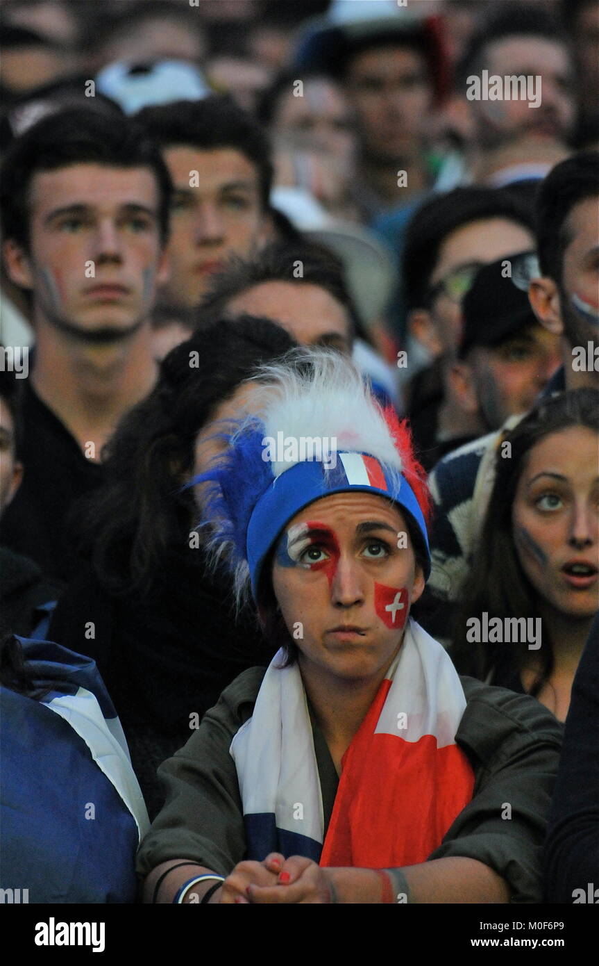 Football supporters attend public broadcasting at Bellecour square ...