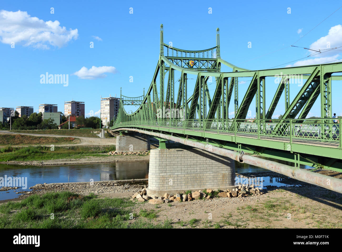 Arad, town in Crisana region of Romania. Suspension bridge over Mures ...