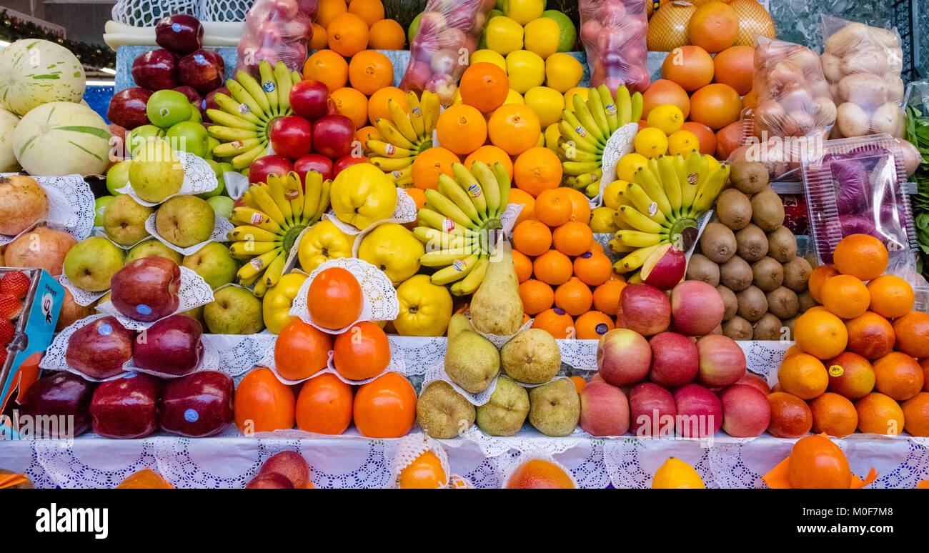 fruit mix, combination of different fruits, decoration on market stall ...
