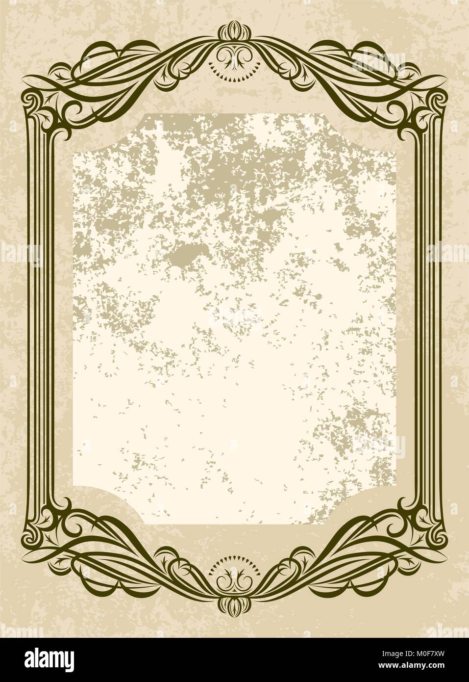 Old frame on aged paper. Retro vintage greeting card, invitation or ...