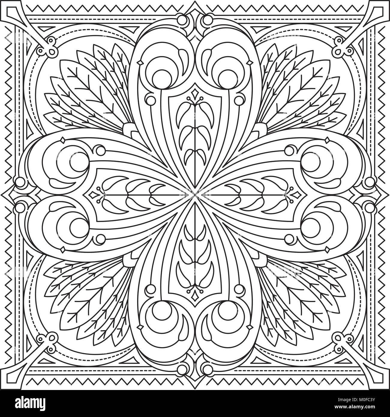 Abstract vector black square lace design in mono line style - mandala ...