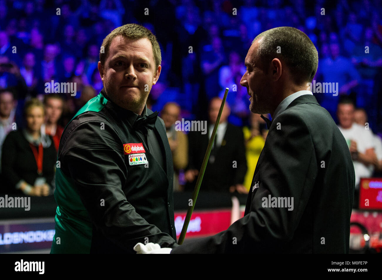Mark Allen with referee Olivier Marteel after winning the final during ...