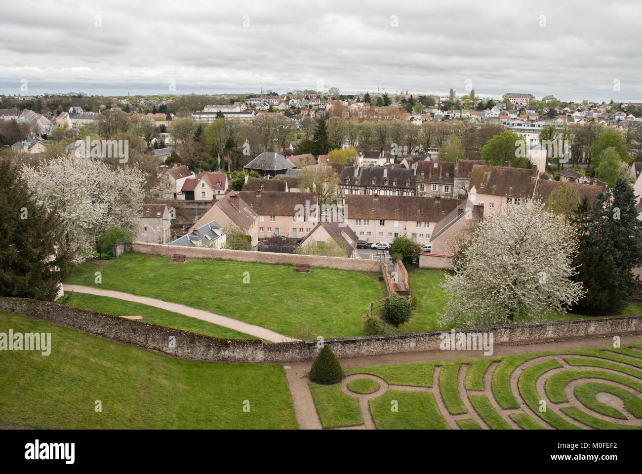 looking out over Chartres from above the labyrinth in bishops palace ...