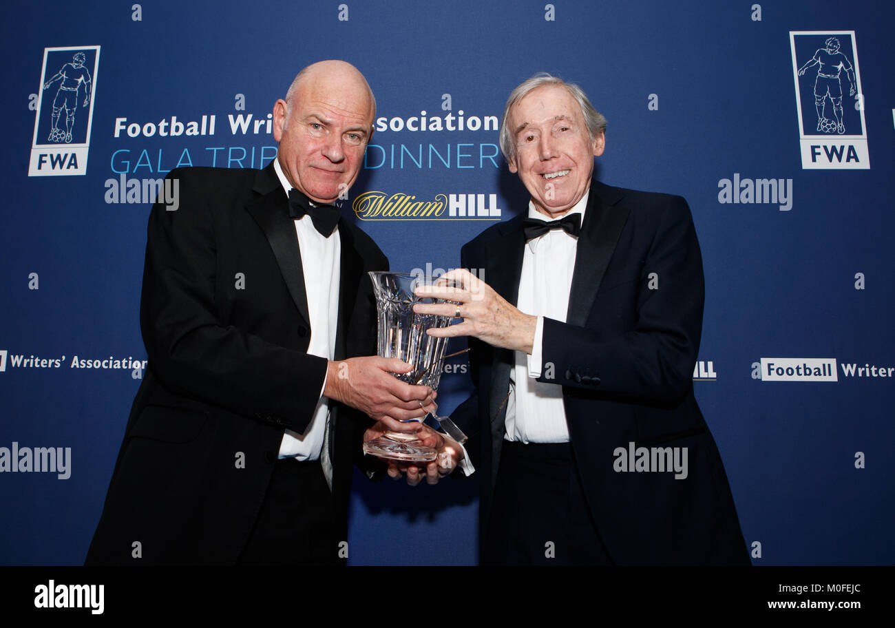 Chairman of the FWA Patrick Barclay hands the trophy to Gordon Banks on ...