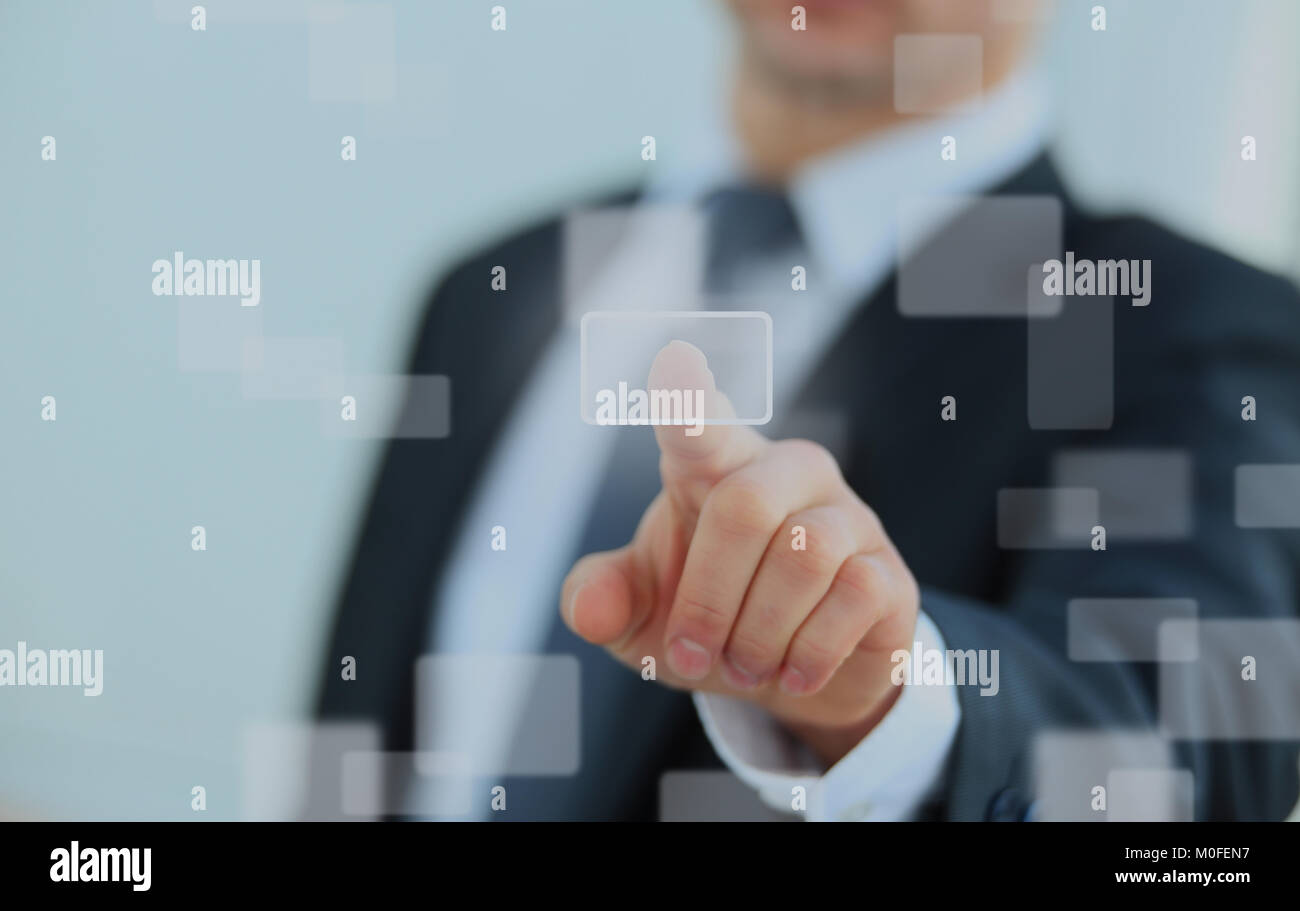 business man pressing a touchscreen button Stock Photo - Alamy