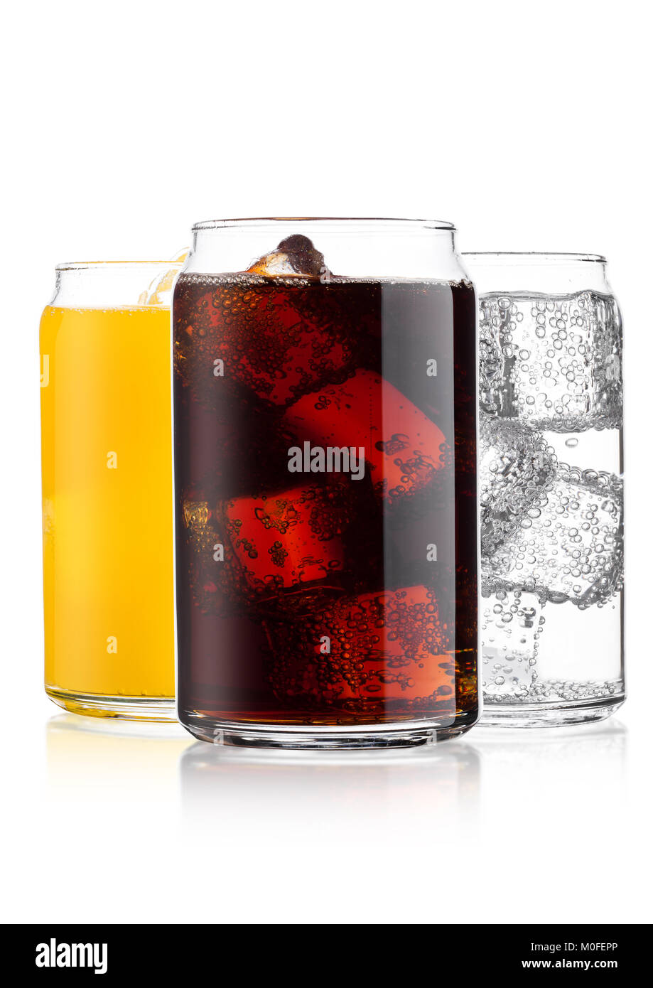 Glasses of cola and orange soda drink and lemonade sparkling water on ...