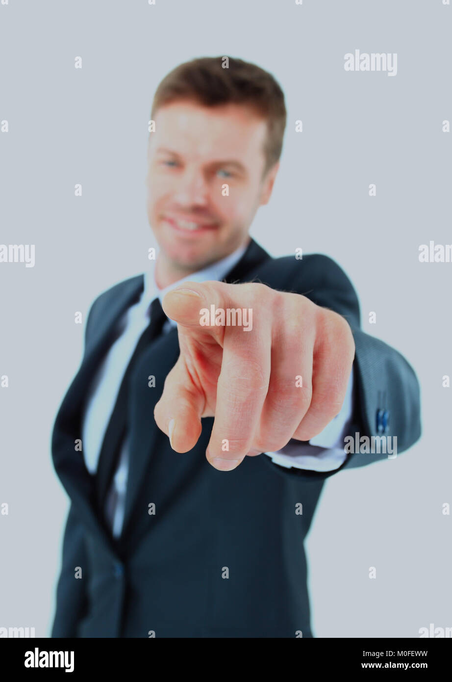 Happy business man presenting and showing with copy space for your text ...