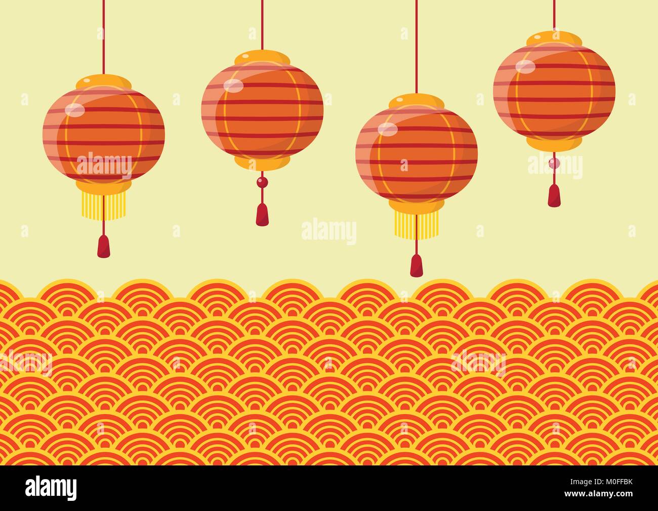 Chinese new year lanterns with traditional wave background. Vector ...