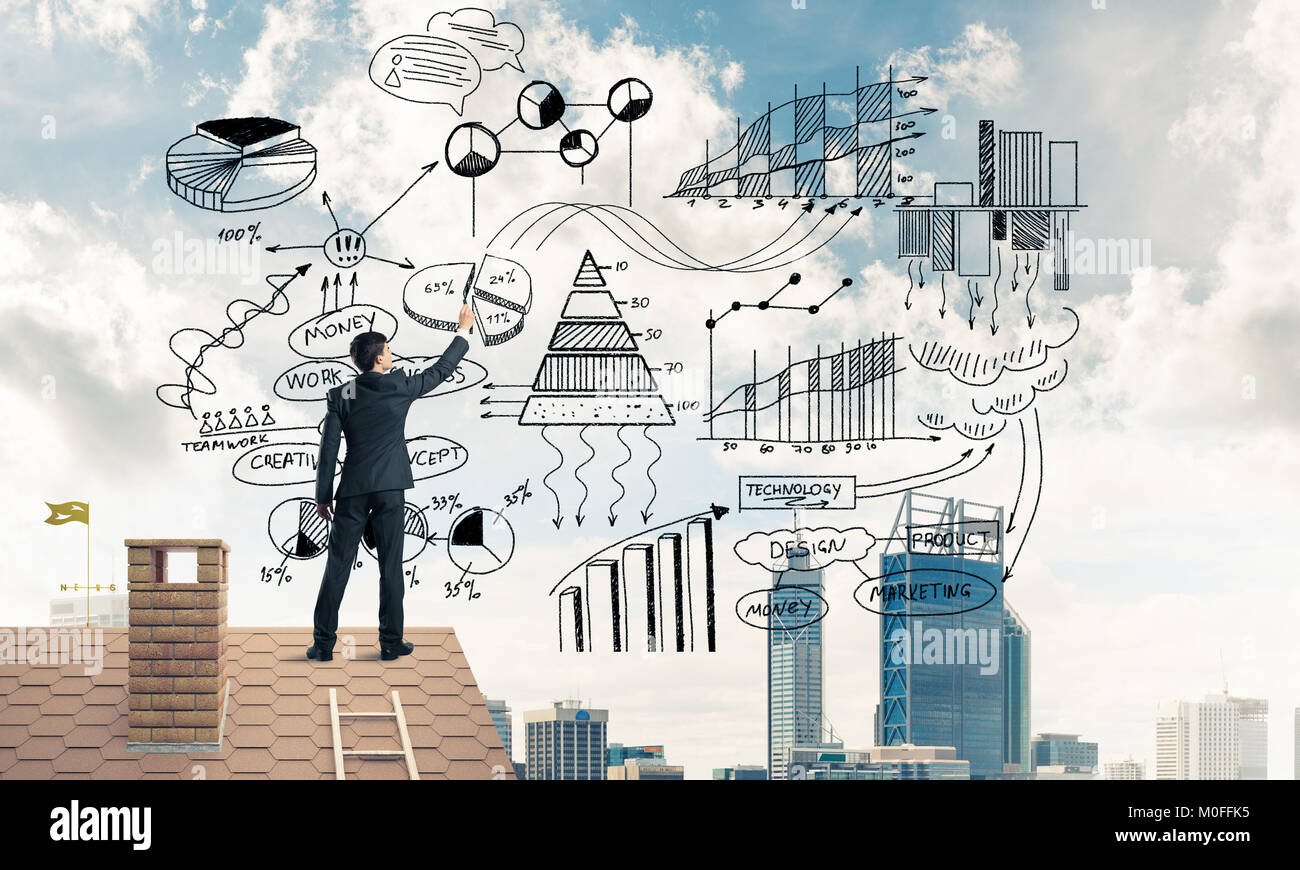 Rear view of businessman on house roof drawing his new business Stock ...