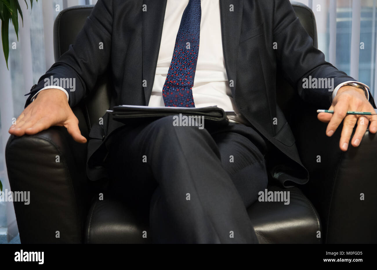 Businessman boss or politician giving interview. Front view Stock Photo ...