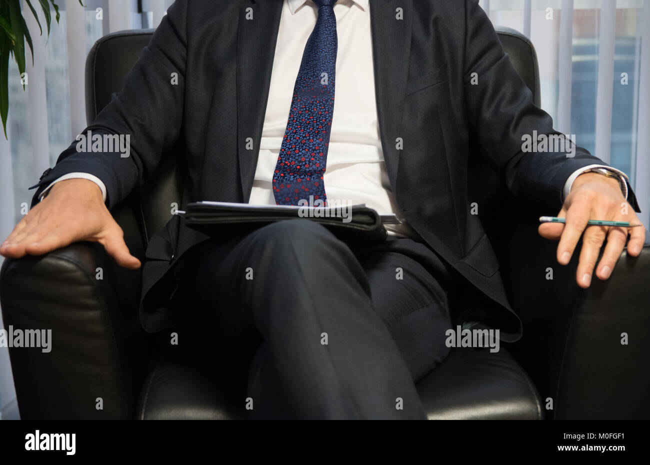 Businessman boss or politician giving interview. Front view Stock Photo ...