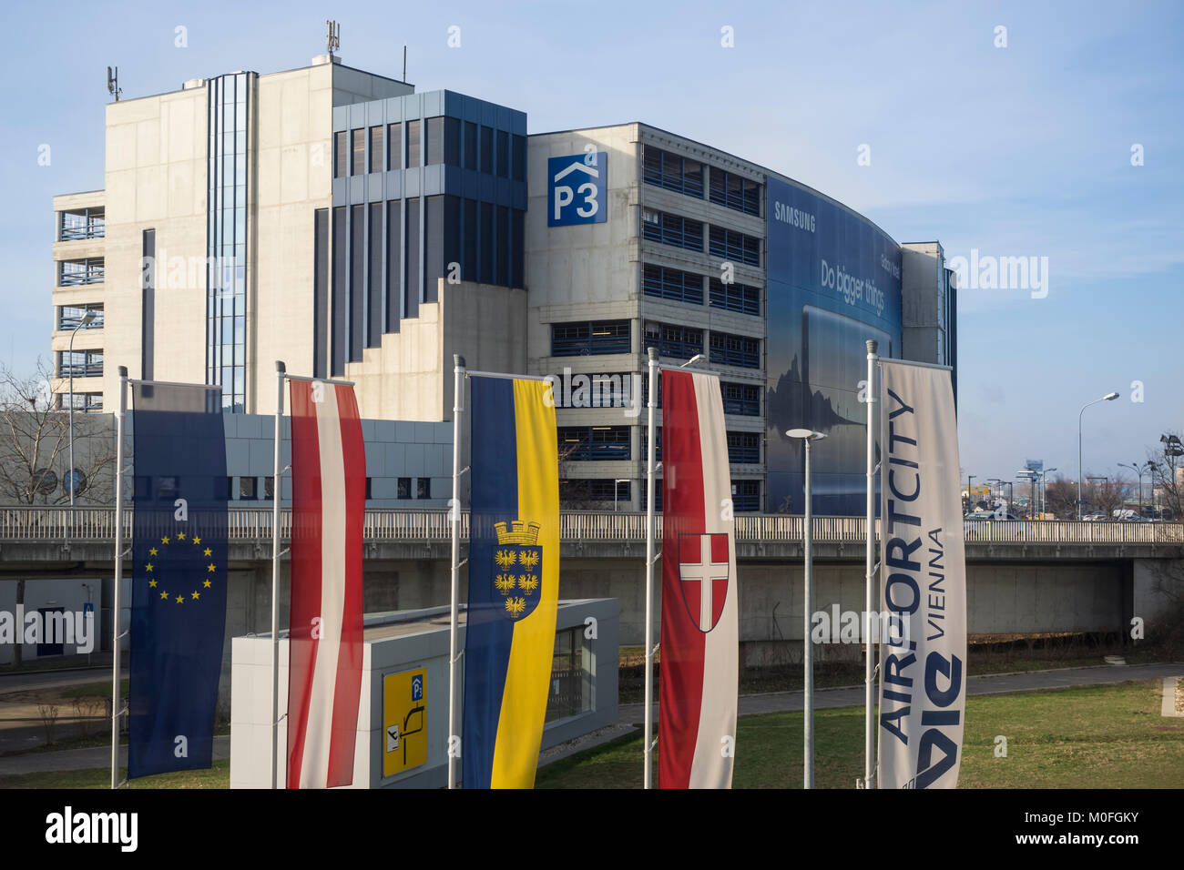 VIENNA, AUSTRIA - DECEMBER 07, 2017: Flags outside Car Park building at ...