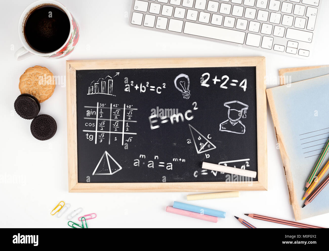 math formulas, education and knowledge concept. Chalkboard on white ...
