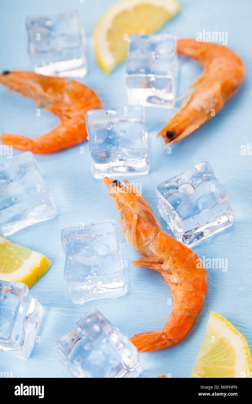 Fresh shrimp on ice on blue table, top view. Culinary seafood eating ...