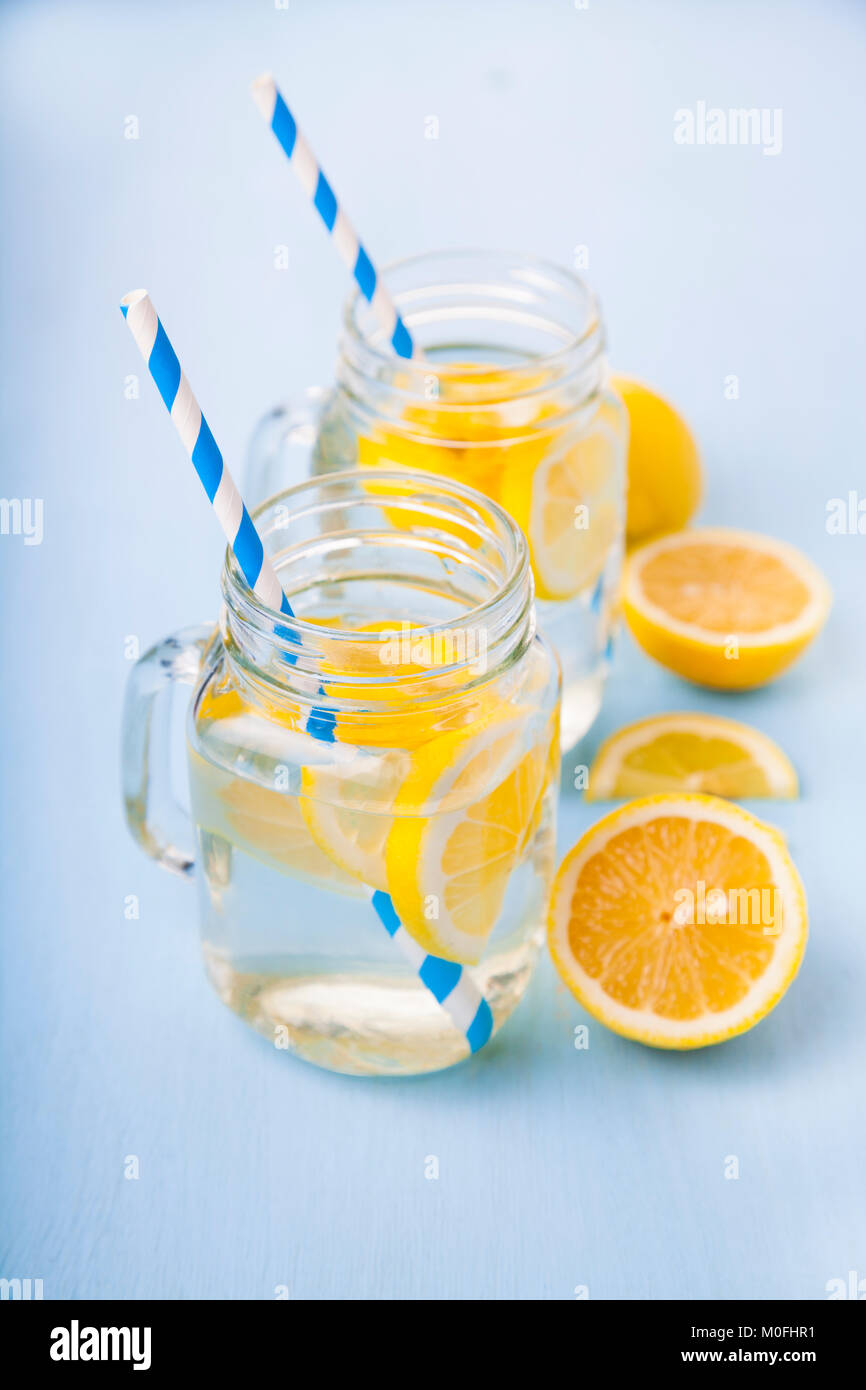 Refreshing ice cold water with lemon ready to drink. Concept of diet. Diet for weight loss Stock ...