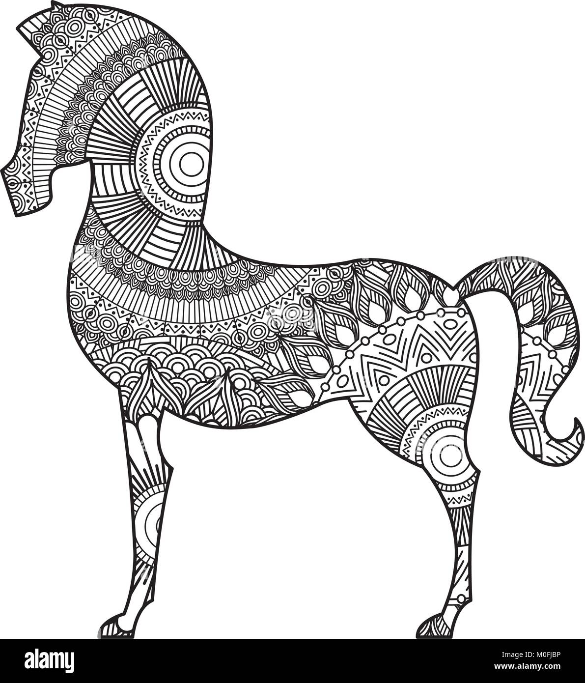 hand drawn for adult coloring pages with horse zentangle monochrome ...