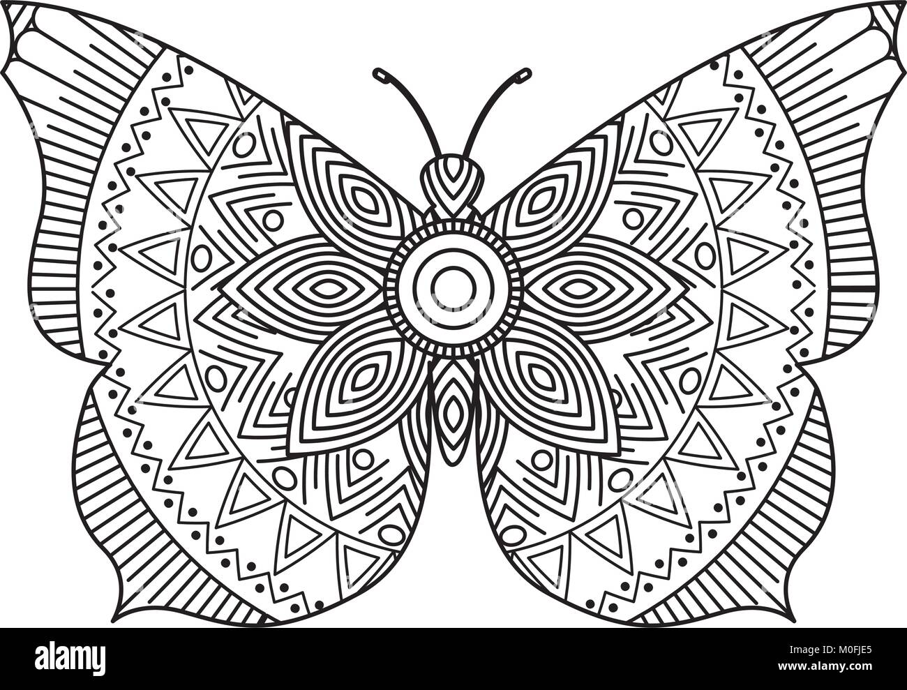 Hand Drawn For Adult Coloring Pages With Butterfly Zentangle Monochrome