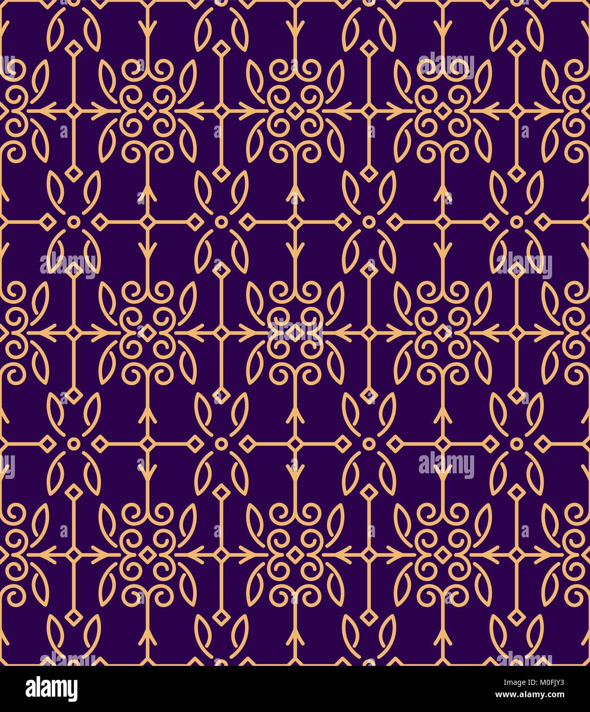 Rich decorated mono line style vector seamless pattern in gold and dark ...