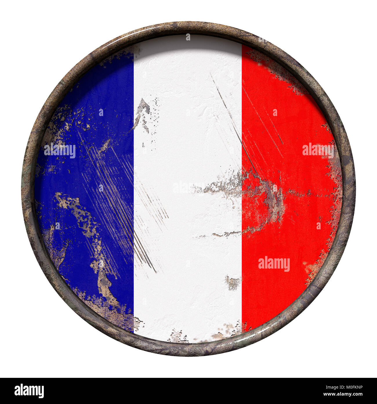 3d rendering of a France flag over a rusty metallic plate. Isolated on ...