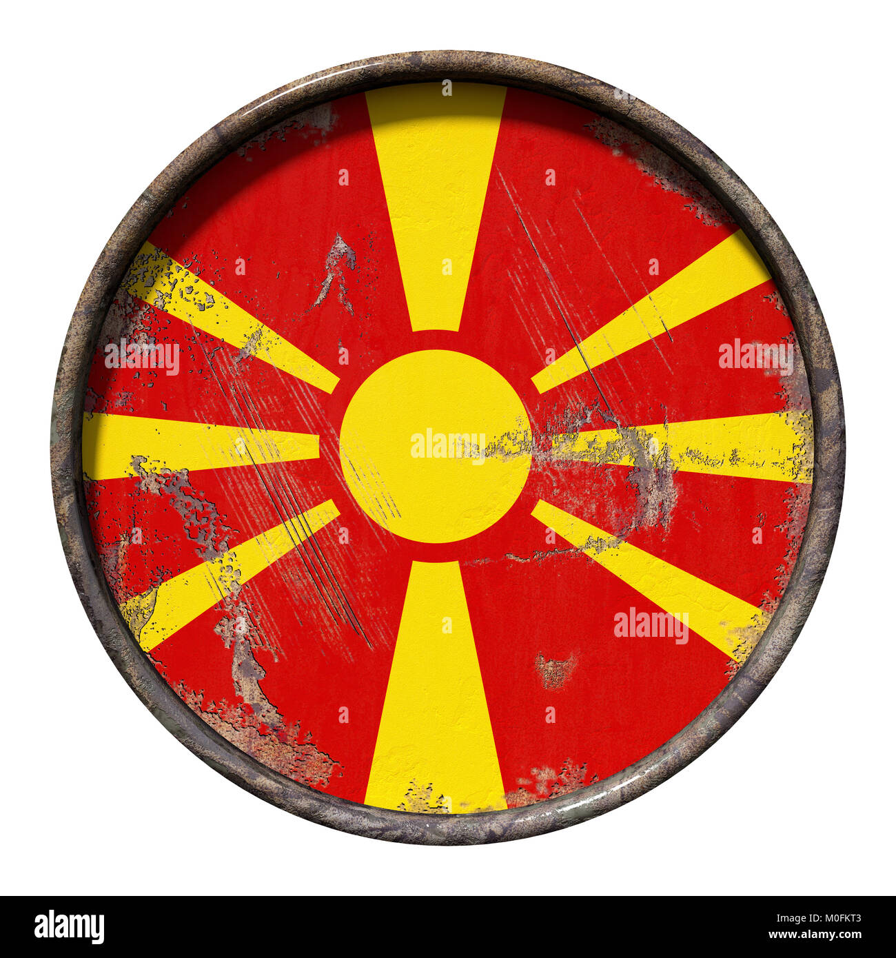 3d rendering of a Macedonia flag over a rusty metallic plate. Isolated ...