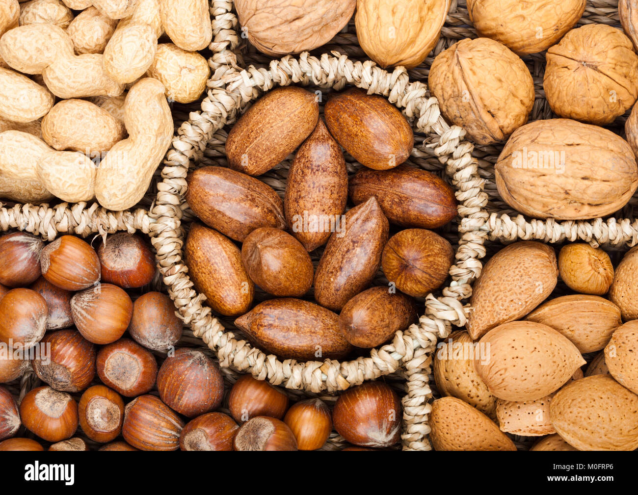 Basket reach in various kinds of nuts in shells, pecans, almonds ...