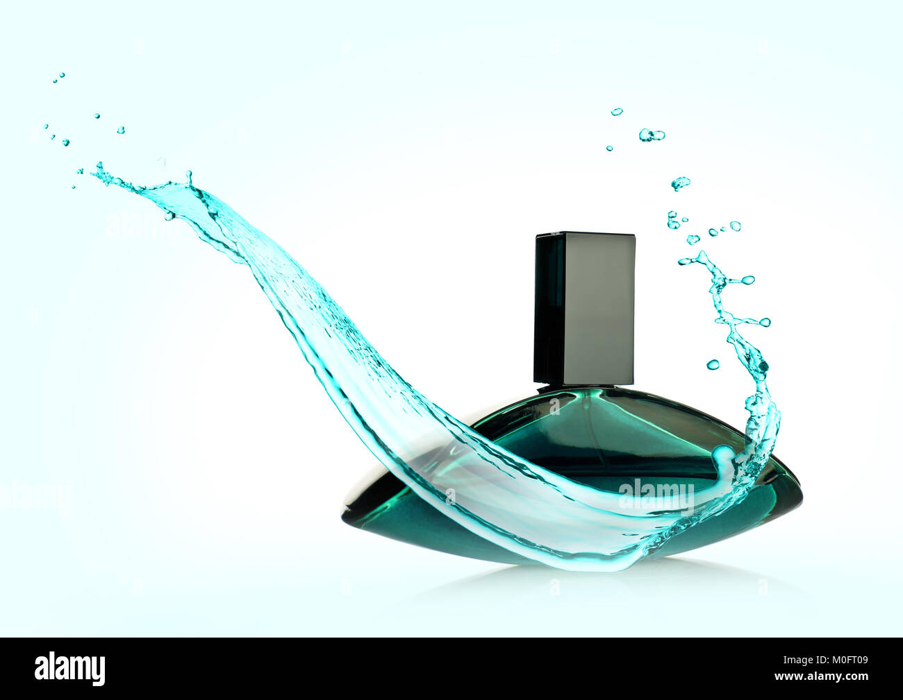 Luxury cyan light blue liquid perfume bottle with splashes on blue ...