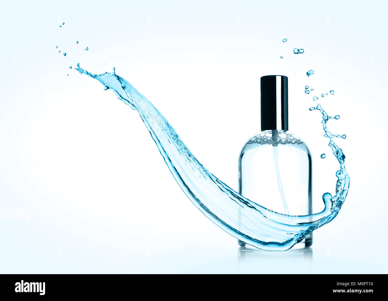 Luxury cyan light blue liquid perfume bottle with splashes on blue ...