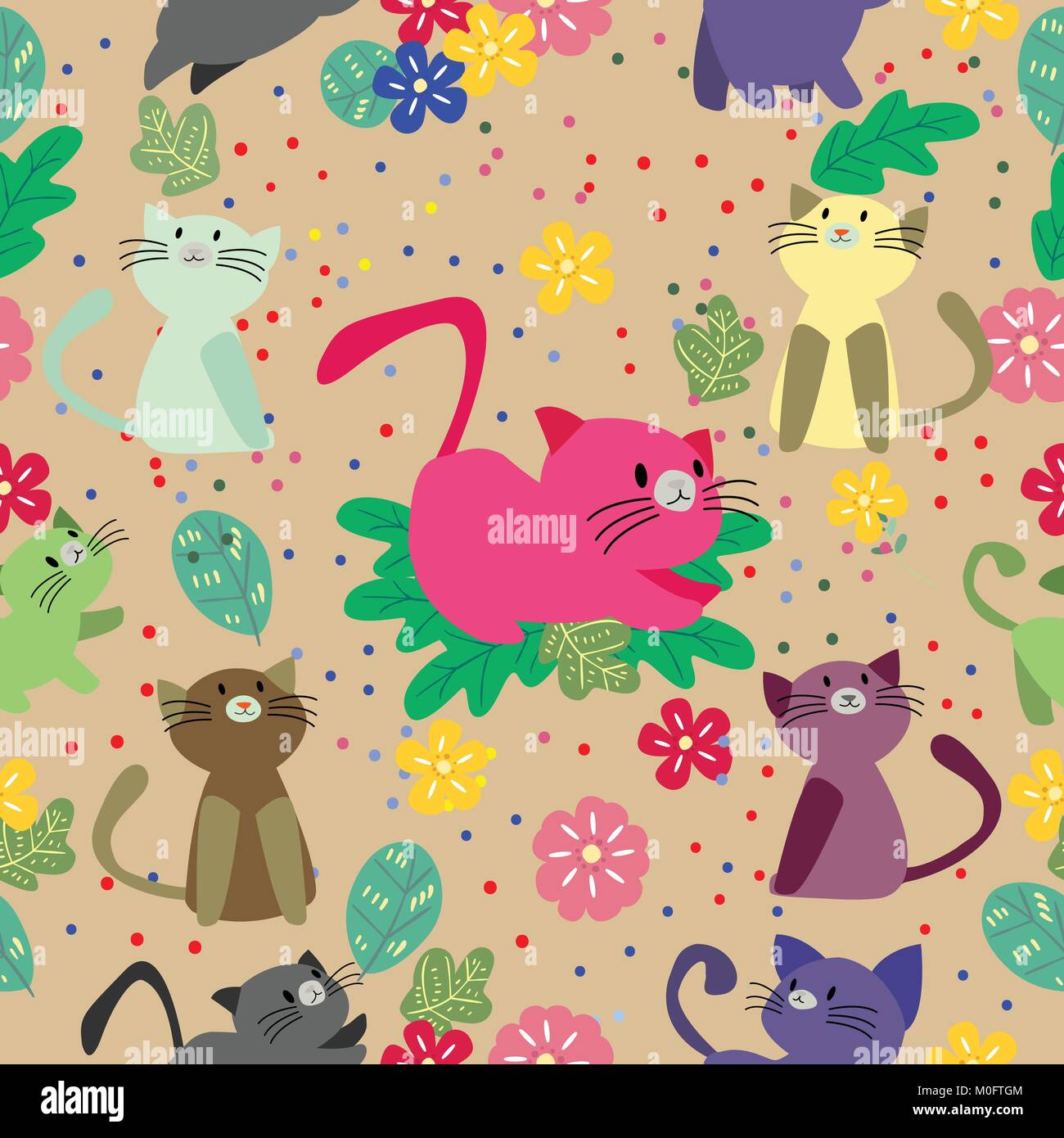 Cute Cat seamless pattern with flower on colorful background Vector ...