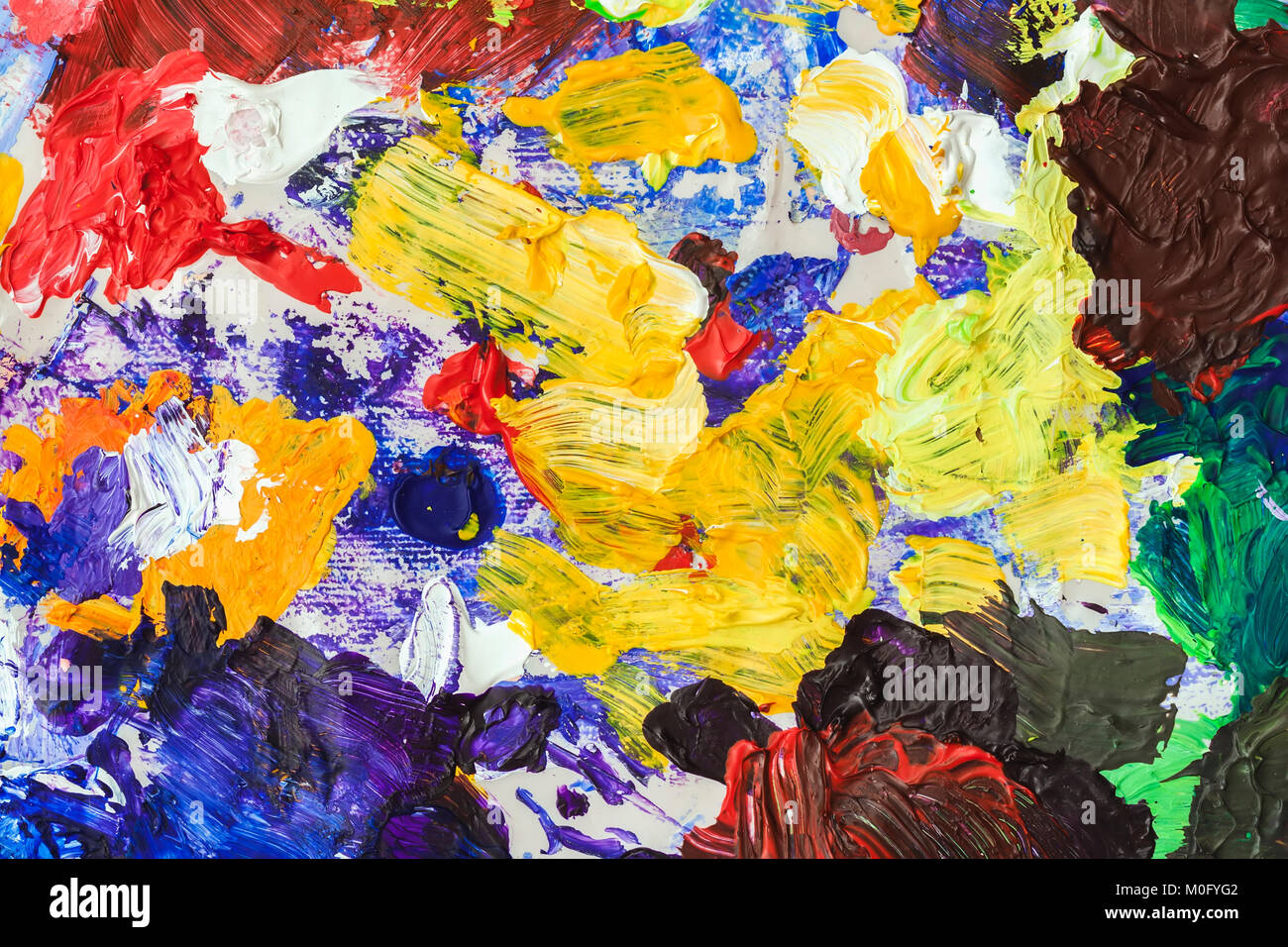 Multicolored bright mix spots, blots of colors on my palette, texture ...