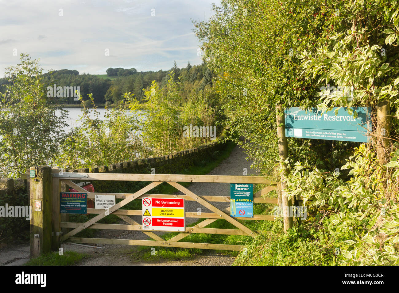 Turton and Entwistle reservoir footpath entrance, Lancashire. The ...