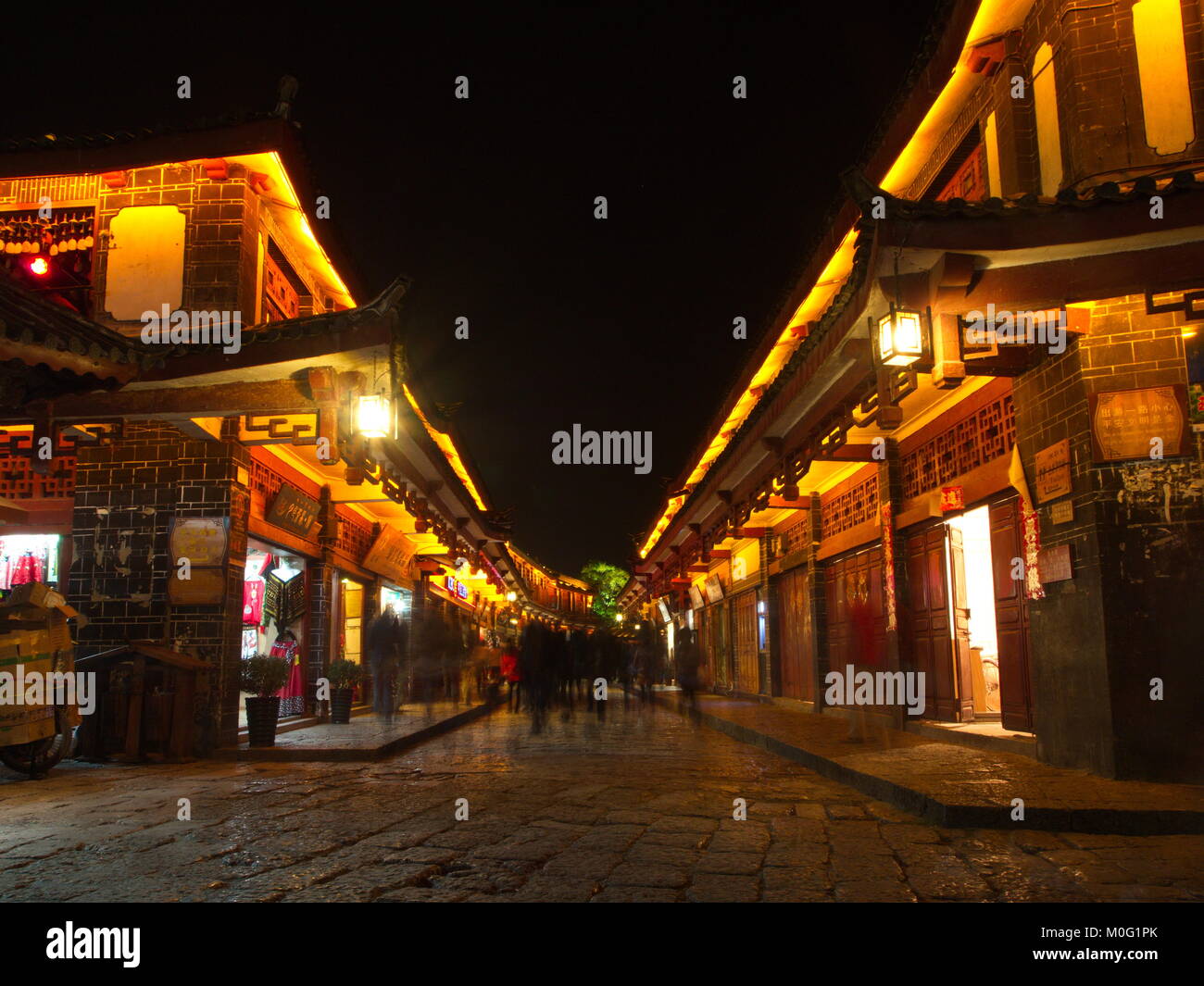 a Walking Street in Lijiang Old Town at Night with slow speed shutter ...