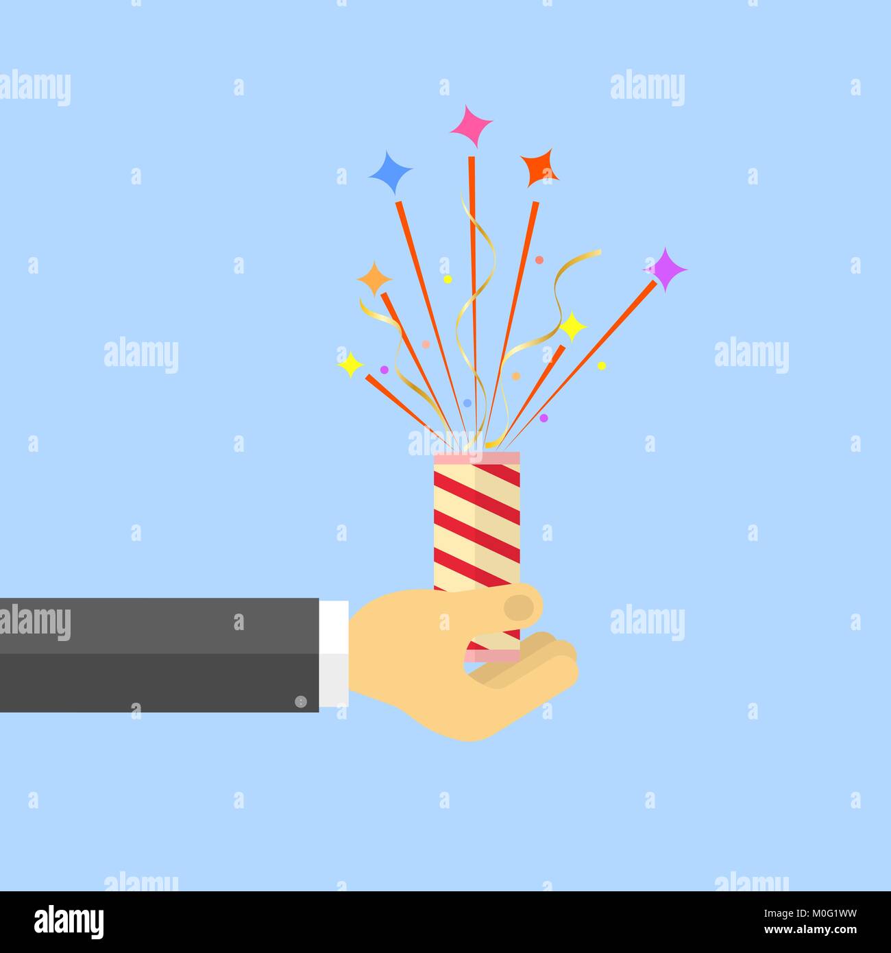 Hand with exploding fireworks on a white background. Vector ...