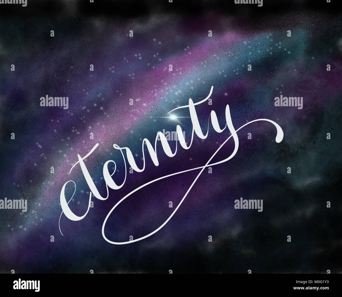 handlettered text eternity with galaxy background Stock Photo - Alamy