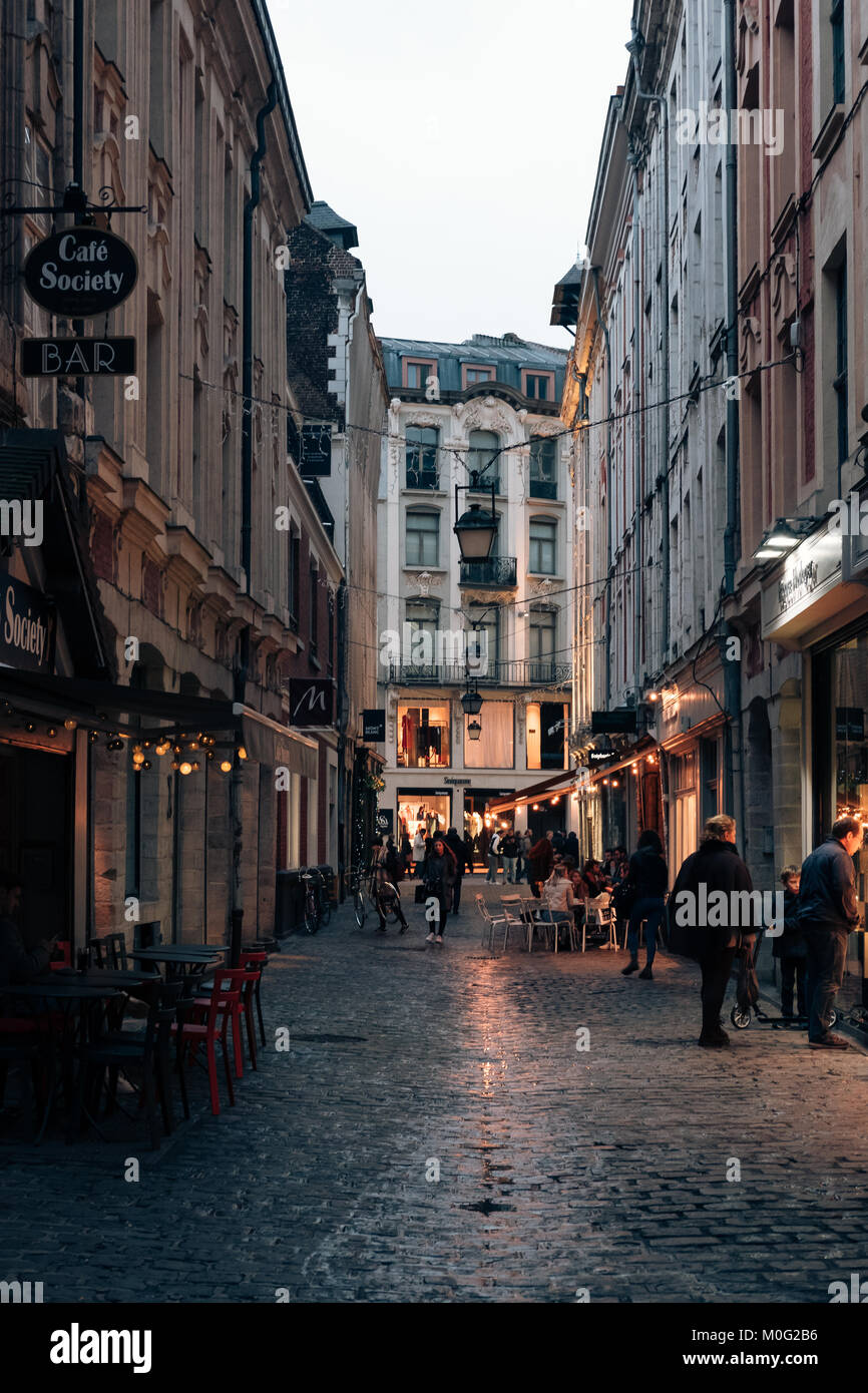 People walking among the shops and cafes on a street in Lille, the ...